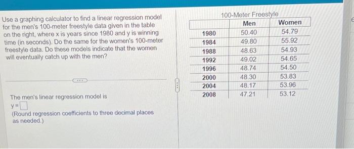 Solved Use a graphing calculator to find a linear regression | Chegg.com
