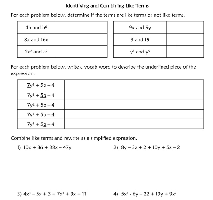 Solved Identifying and Combining Like Terms For each problem | Chegg.com