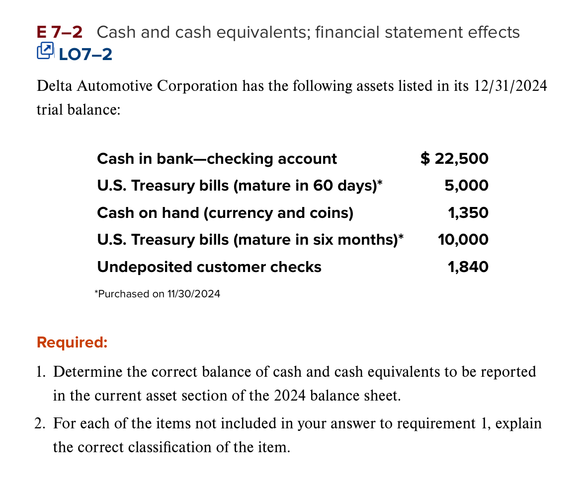 Solved E 7-2 ﻿Cash and cash equivalents; financial statement | Chegg.com