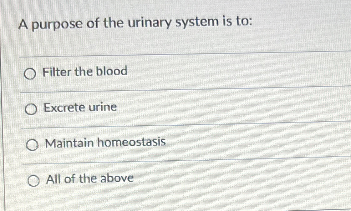 Solved A purpose of the urinary system is to:Filter the | Chegg.com