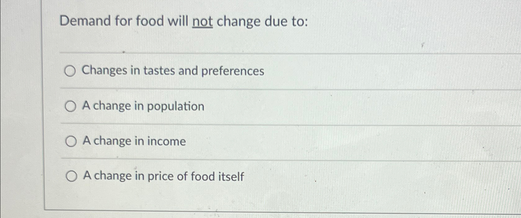 Solved Demand for food will not change due to:Changes in | Chegg.com
