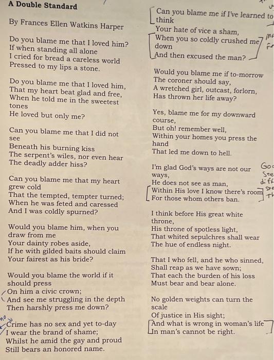Read the attached poem "A Double Standard" By Frances | Chegg.com