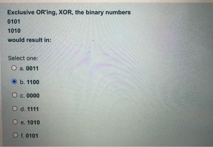 Solved Exclusive OR'ing, XOR, the binary numbers 0101 1010 | Chegg.com