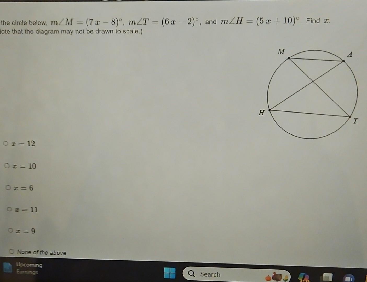 Solved he circle below, m∠M=(7x−8)∘,m∠T=(6x−2)∘, and | Chegg.com