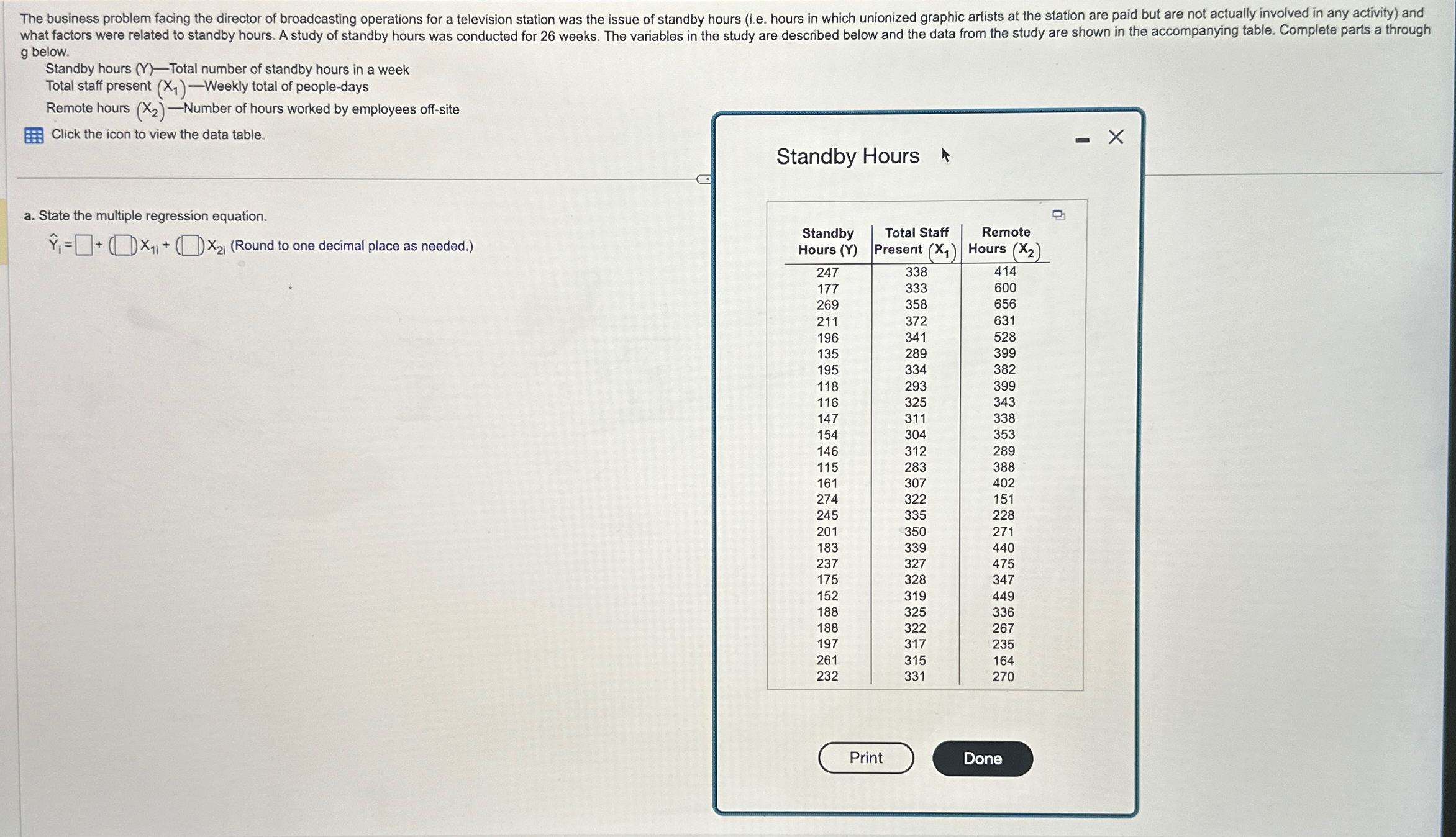 Solved g ﻿below.Standby hours (Y)-Total number of standby | Chegg.com