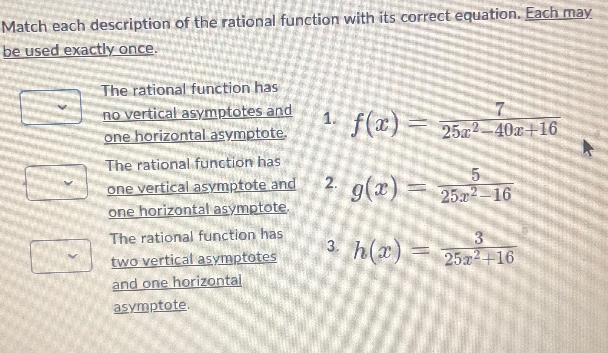 Solved Match each description of the rational function with | Chegg.com
