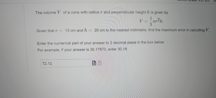 Solved The volume V ﻿of a cone with radius r ﻿and | Chegg.com