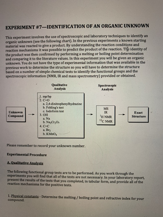Solved EXPERIMENT #7-IDENTIFICATION OF AN ORGANIC UNKNOWN | Chegg.com