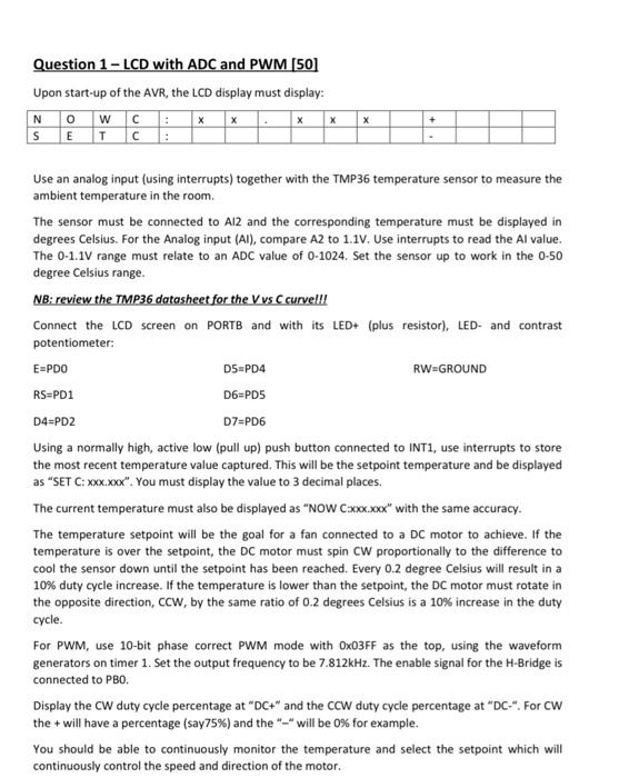 Question 1- LCD with ADC and PWM [50] Upon start-up | Chegg.com