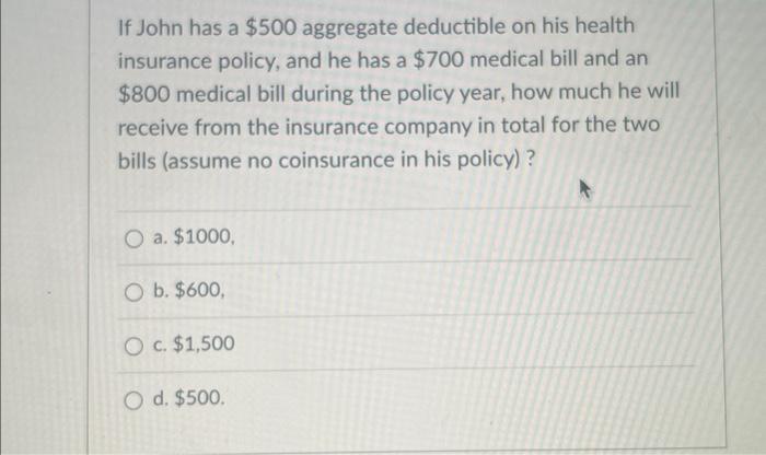 Solved If John has a $500 aggregate deductible on his health | Chegg.com