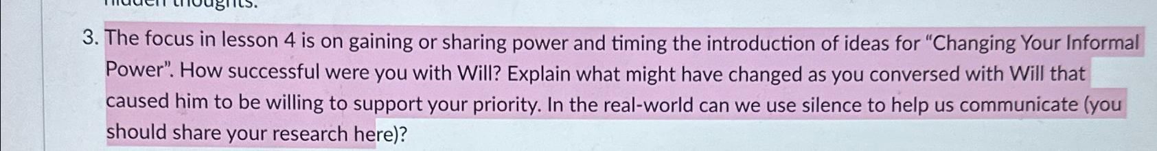 Solved The focus in lesson 4 ﻿is on gaining or sharing power | Chegg.com