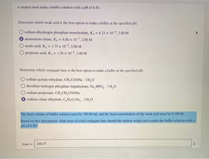 Solved A student must make a buffer solution with a pH of | Chegg.com