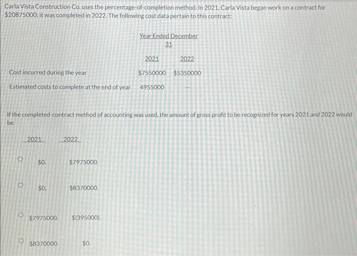 Solved Carla Vista Construction Co. uses the | Chegg.com