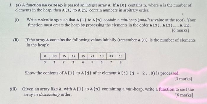 Solved 1. (a) A function makeHeap is passed an integer array | Chegg.com