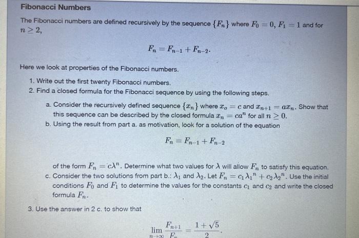 Solved Fibonacci Numbers The Fibonacci numbers are defined | Chegg.com