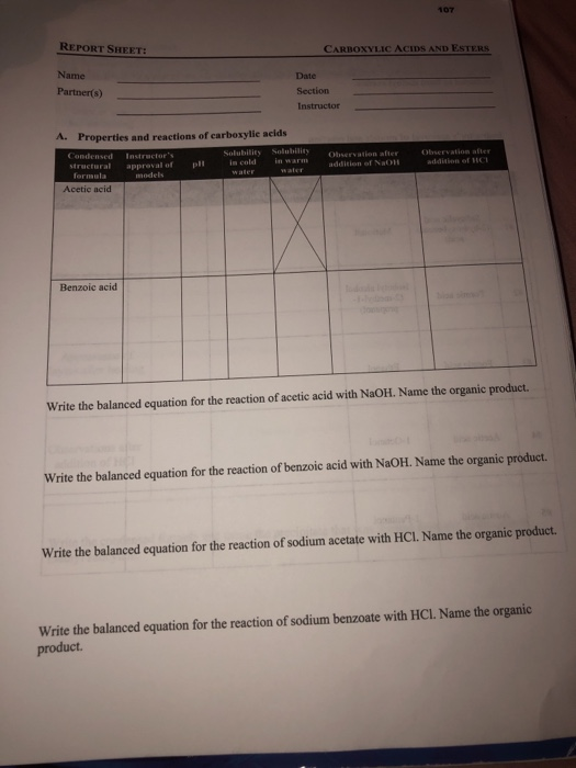 Solved 107 REPORT SHEET: CARBOXYLIC ACIDS AND ESTERS Name | Chegg.com