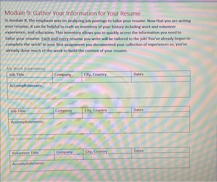 Solved Module 9: Gather Your Information for Your Resume In | Chegg.com