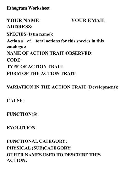Ethogram Worksheet YOUR NAME: YOUR EMAIL ADDRESS: | Chegg.com