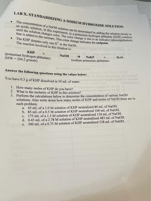 Solved LAB X. STANDARDIZING A SODIUM HYDROXIDE SOLUTION The | Chegg.com