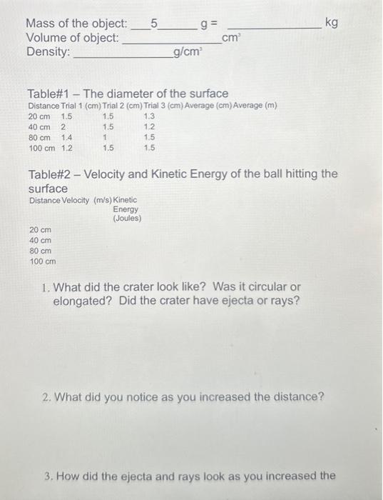 Object \#2 Silver marble Diameter =2 cm Mass of the | Chegg.com