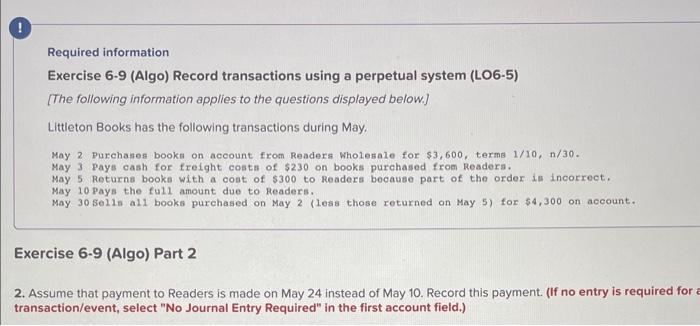 Solved Required information Exercise 6-9 (Algo) Record | Chegg.com