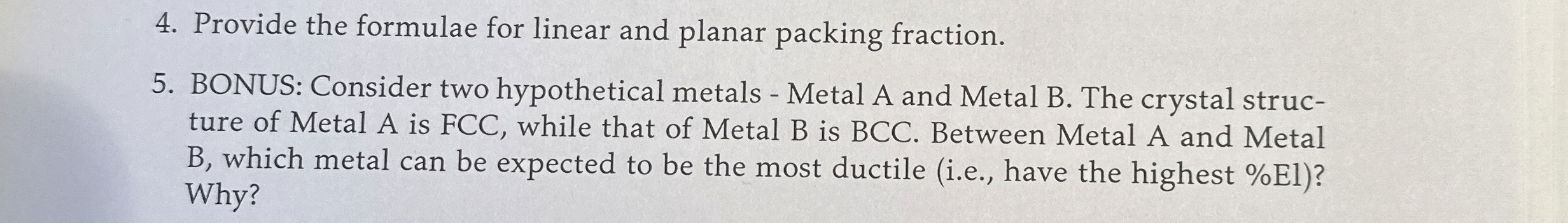 Solved Provide the formulae for linear and planar packing | Chegg.com