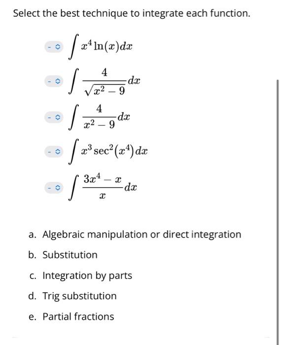 Solved Select the best technique to integrate each function. | Chegg.com