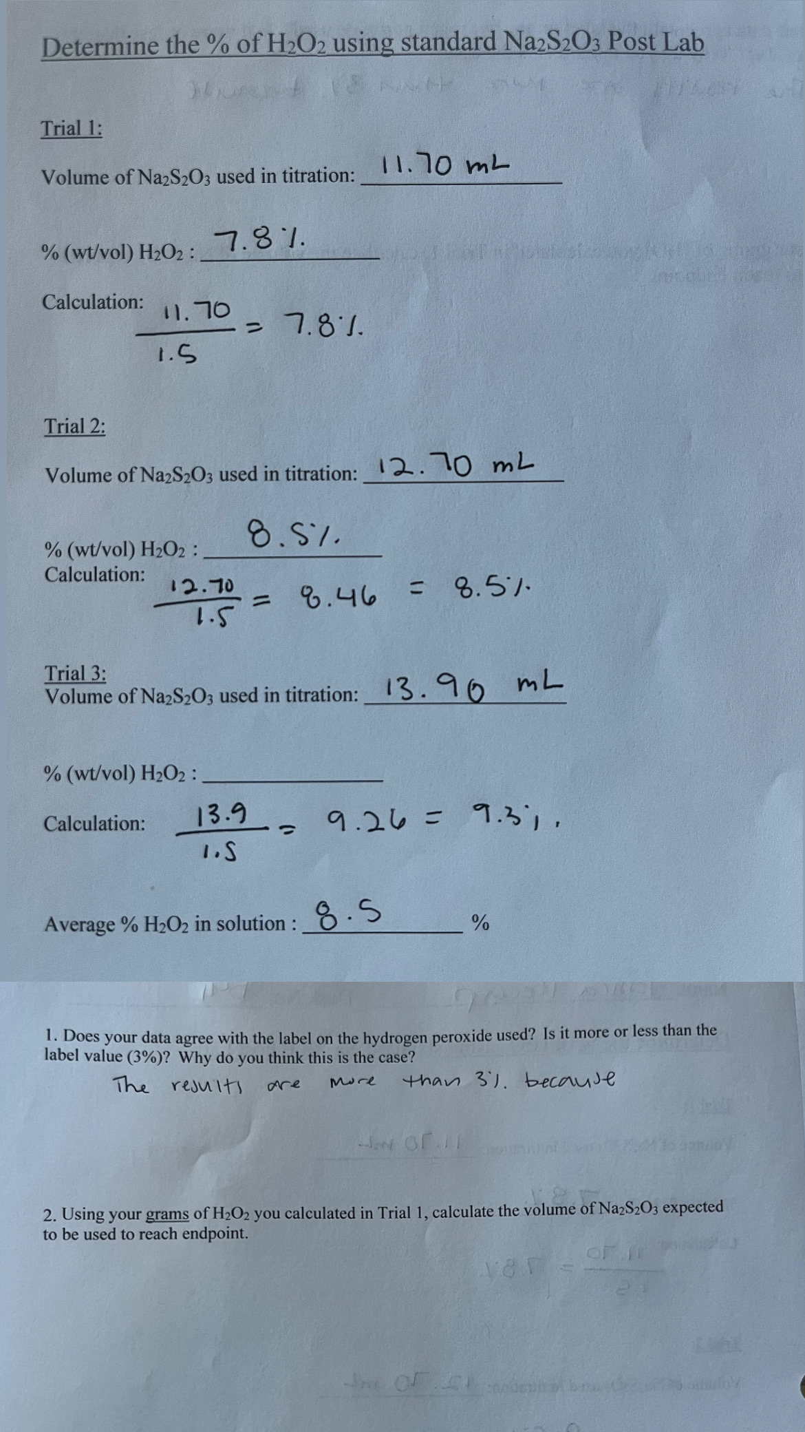 Solved Determine the % ﻿of H2O2 ﻿using standard Na2S2O3 | Chegg.com