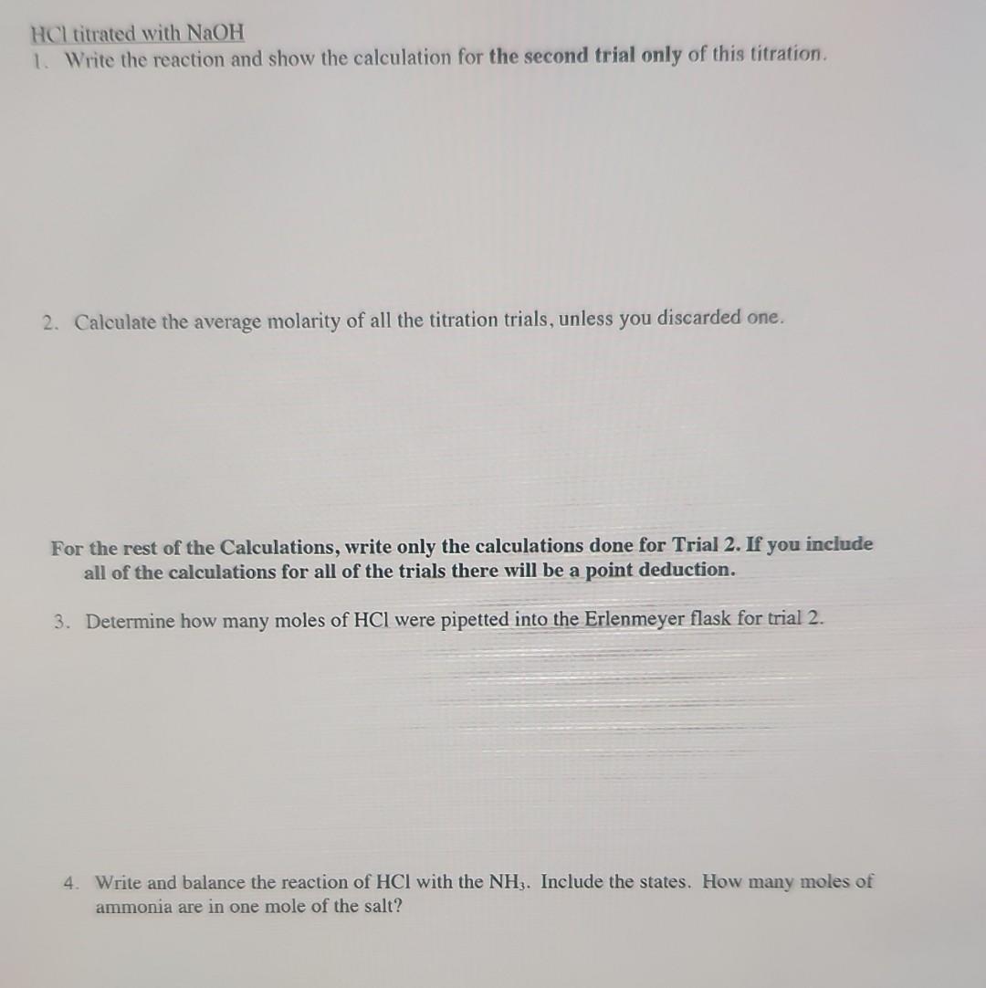 Solved Use the standardized NaOH to standardize the HCl | Chegg.com