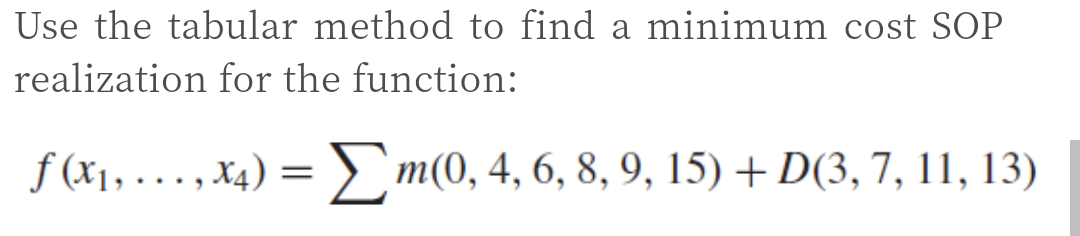 Solved Use the tabular method to find a minimum cost SOP | Chegg.com