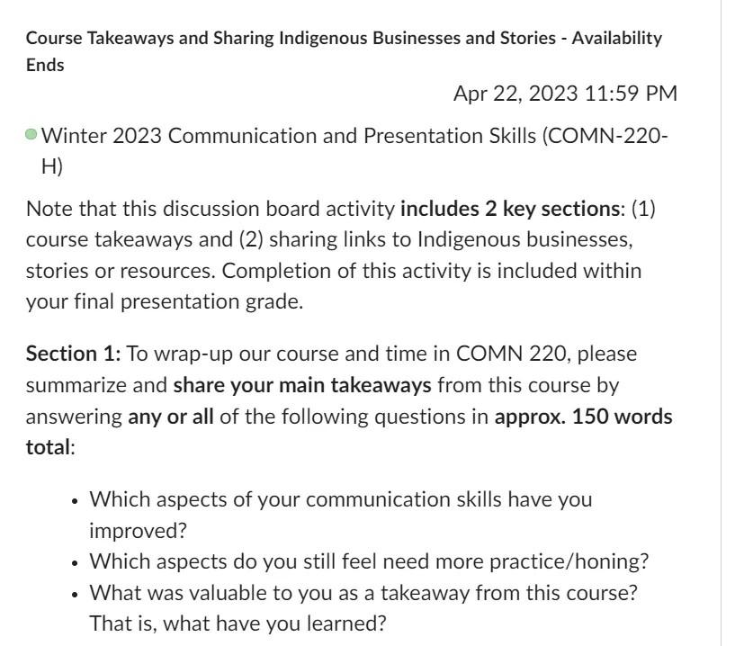 Course Takeaways and Sharing Indigenous Businesses | Chegg.com