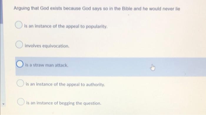 Arguing that God exists because God says so in the | Chegg.com