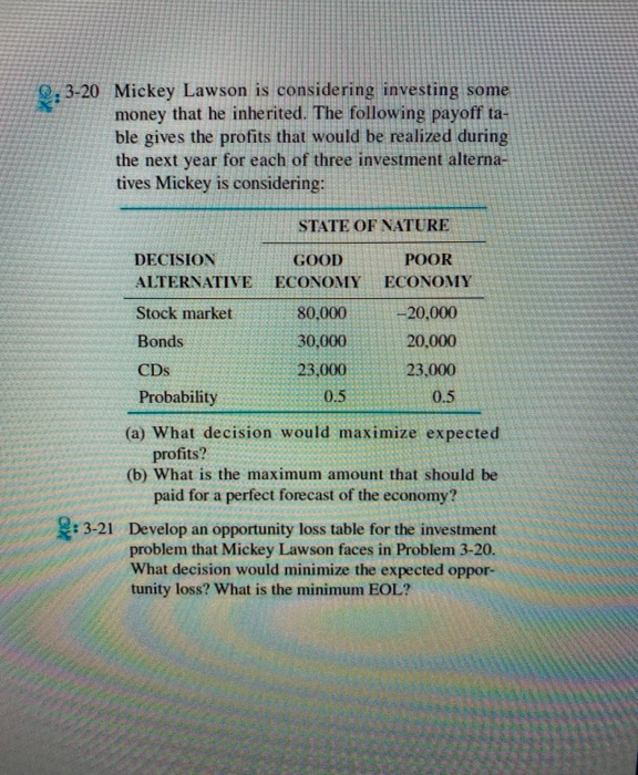 Solved Q.3-20 Mickey Lawson is considering investing some | Chegg.com