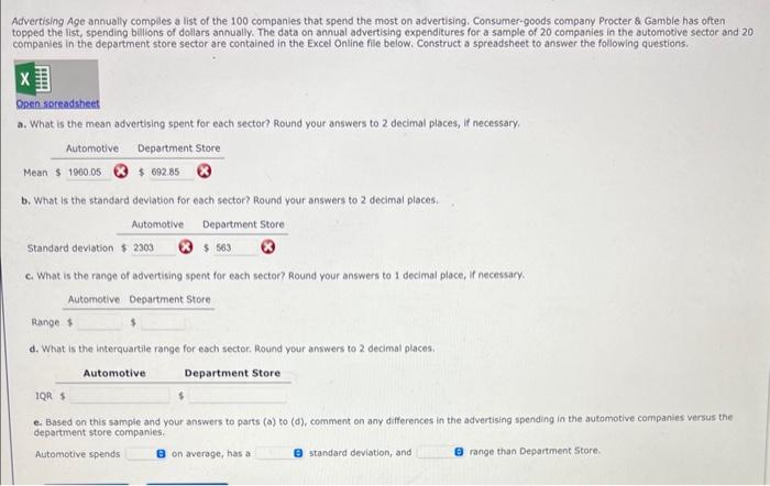 Solved Advertising Age annually comples a list of the 100 | Chegg.com