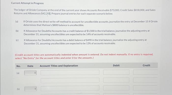 Solved Current Attempt in Progress The ledger of Oriole | Chegg.com