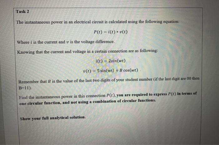Solved Task 2 The instantaneous power in an electrical | Chegg.com