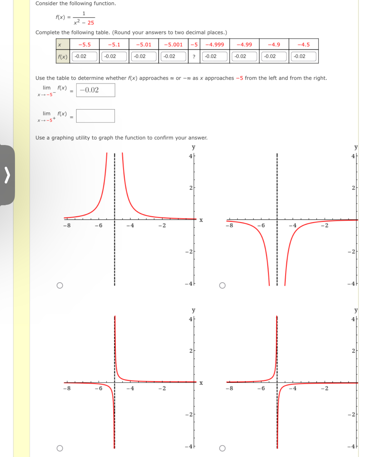 Solved Consider the following function.f(x)=1x2-25Complete | Chegg.com