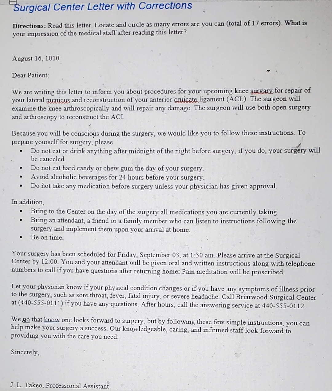 Solved Surgical Center Letter with CorrectionsDirections: | Chegg.com