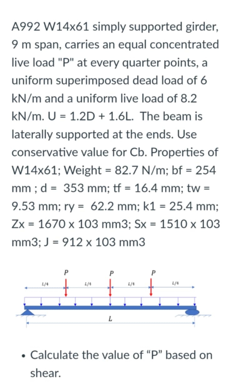 Solved A992 ﻿W14x61 ﻿simply supported girder, 9 ﻿m span, | Chegg.com