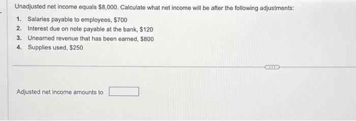Solved Unadjusted net income equals $8,000. Calculate what | Chegg.com