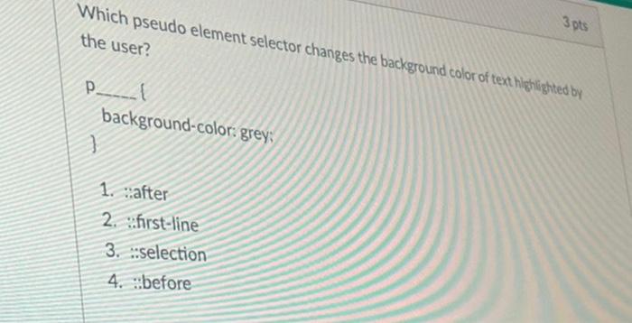 Solved Which pseudo element selector changes the background | Chegg.com