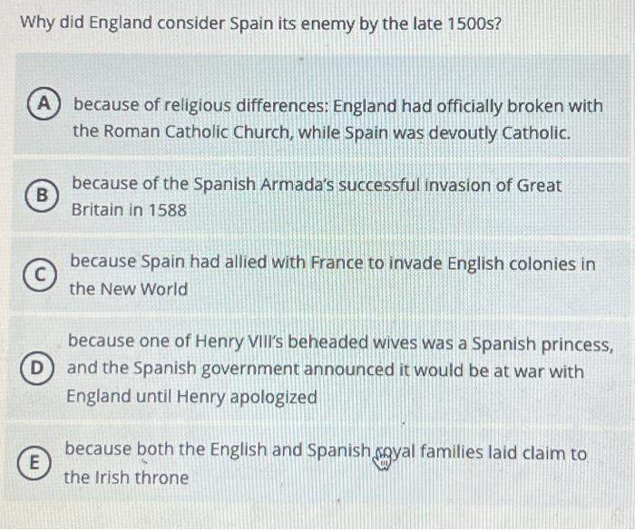 Why did England consider Spain its enemy by the late | Chegg.com