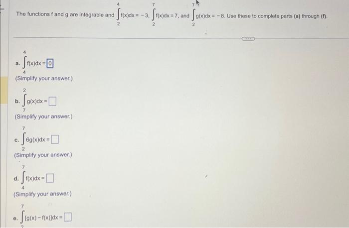 Solved The functions f and g are integrable and | Chegg.com