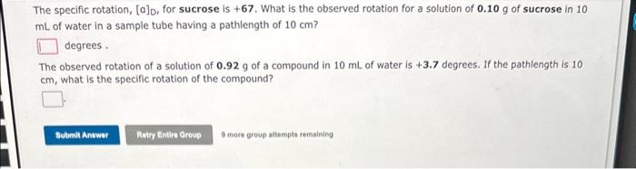 Solved The specific rotation, [a]0, for sucrose is +67. What | Chegg.com