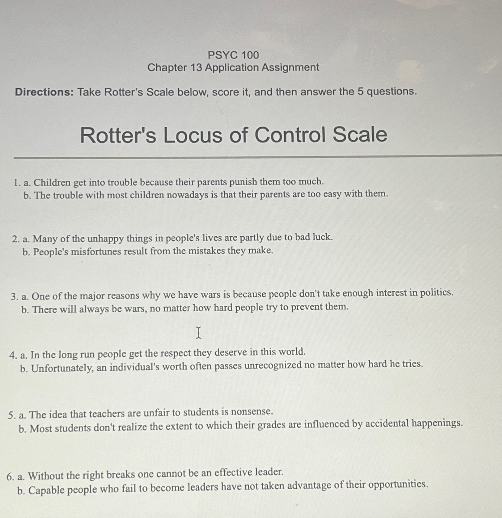 Solved PSYC 100Chapter 13 ﻿Application AssignmentDirections: | Chegg.com