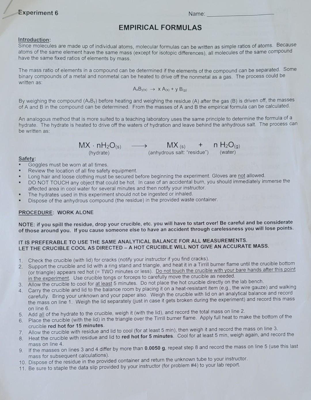 Solved Experiment 6 Name: EMPIRICAL FORMULAS Introduction: | Chegg.com