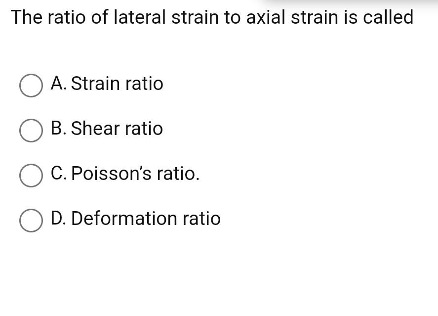 Solved The ratio of lateral strain to axial strain is called | Chegg.com