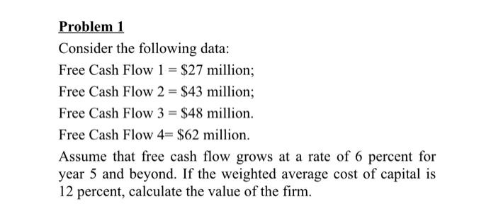 Solved Problem 1 Consider the following data: Free Cash Flow | Chegg.com