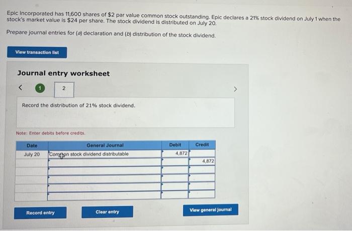 Solved Epic Incorporated has 11,600 shares of $2 par value | Chegg.com