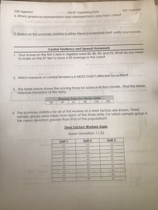 GSE Algebra Unit 8 Describing Data 8.3 -Task/HW 6. | Chegg.com